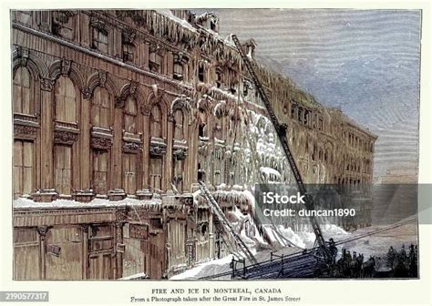 불타는 건물에서 얼음으로 변하는 소방관의 호스에서 나온 물 몬트리올 캐나다 1880년대 빈티지 일러스트레이션 19세기 1880