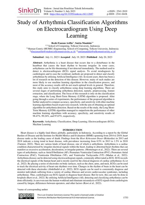 PDF Study Of Arrhythmia Classification Algorithms On Electrocardiogram Using Deep Learning