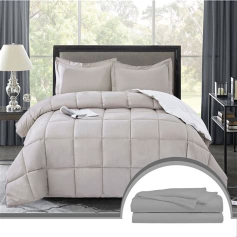 Combo Edredon Bicolor Gris Claro Blanco Set Sabanas