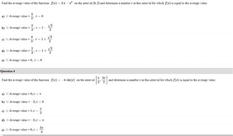 solved find the average value of the function f x 2x x2