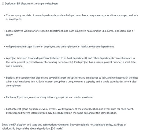 Solved 1 Design An Er Diagram For A Company Database The