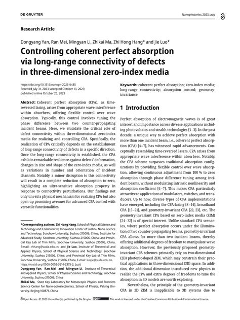 Pdf Controlling Coherent Perfect Absorption Via Long Range Connectivity Of Defects In Three