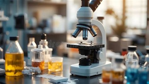 Scientific Microscope And Lab Equipment Sit In A Bright Laboratory