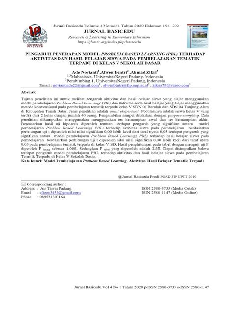 View Of Pengaruh Penerapan Model Problem Based Learning Pbl Terhadap Aktivitas Dan Hasil