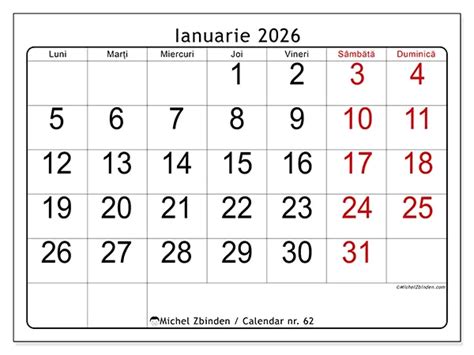 Calendar Pentru Ianuarie 2026 De Tipărit Model Nr 62 Michel Zbinden