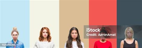 빈티지가을 색상 고립 된 배경 위에 아름 다운 캐주얼 여자의 그룹의 콜라주 우울 하 고 고통에 대 한 걱정 화가 두려워 울고 슬픈 표정 가을에 대한 스톡 사진 및 기타