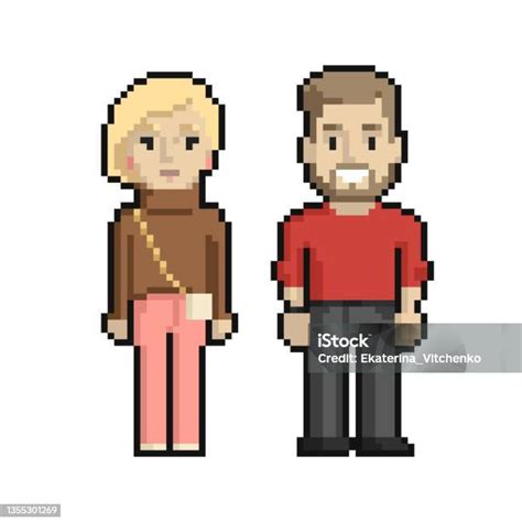 흰색 배경에 남자와 여자의 귀여운 부부의 픽셀 아트 세트 사람들에 대한 스톡 벡터 아트 및 기타 이미지 사람들 픽셀 아트