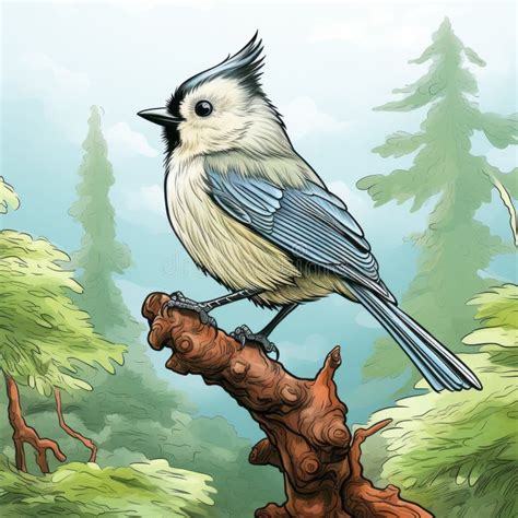 Vivid Comic Book Style Illustration Of A Titmouse On Moss Stock