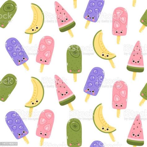 흰색 배경에 과일 아이스크림이있는 벡터 이음새가 없는 패턴 차가운 디저트 여름 단맛 맛이 가미된 빙과에 대한 스톡 벡터 아트 및 기타 이미지 맛이 가미된 빙과 벡터