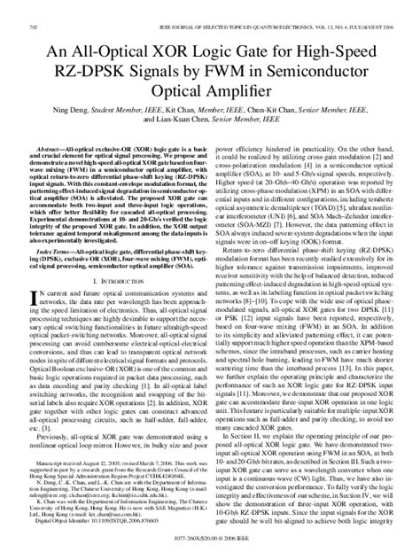 Pdf An All Optical Xor Logic Gate For High Speed Rz Dpsk Signals By Fwm In Semiconductor