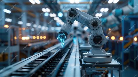 Brazo Robótico En Azul Eléctrico Trabajando En Una Cinta Transportadora En Una Fábrica Foto