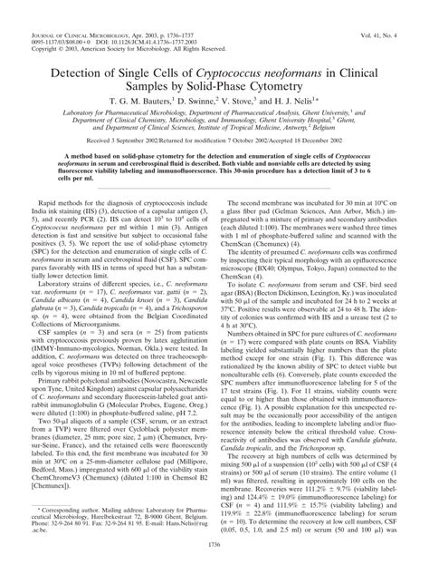 Pdf Detection Of Single Cells Of Cryptococcus Neoformans In Clinical Samples By Solid Phase