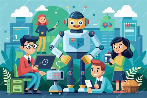 Premium Vector Several Individuals Are Gathered Around A Robot Examining Its Features And