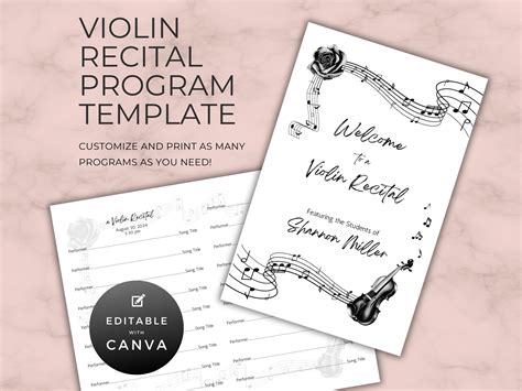 Violin Recital Program Template Simple Modern Black And White For