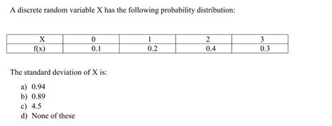 Solved: A discrete random variable X has the following probability ...