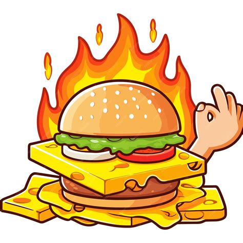 Premium Vector Burger Cheese With Fire Cartoon Style Vector Illustration