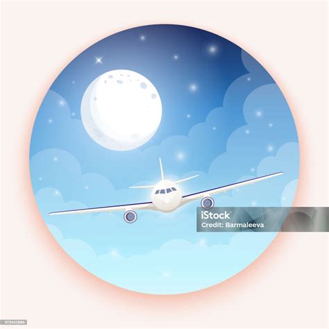 달과 별과 파란 배경에 비행기입니다 밤 하늘에서 비행 비행기입니다 그림을 방문 비행기 민간 항공 교통 여행 개념에 대한 스톡 벡터 아트 및 기타 이미지 Istock