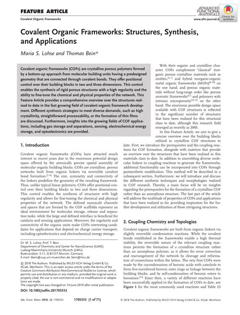 PDF Covalent Organic Frameworks Structures Synthesis And Applications