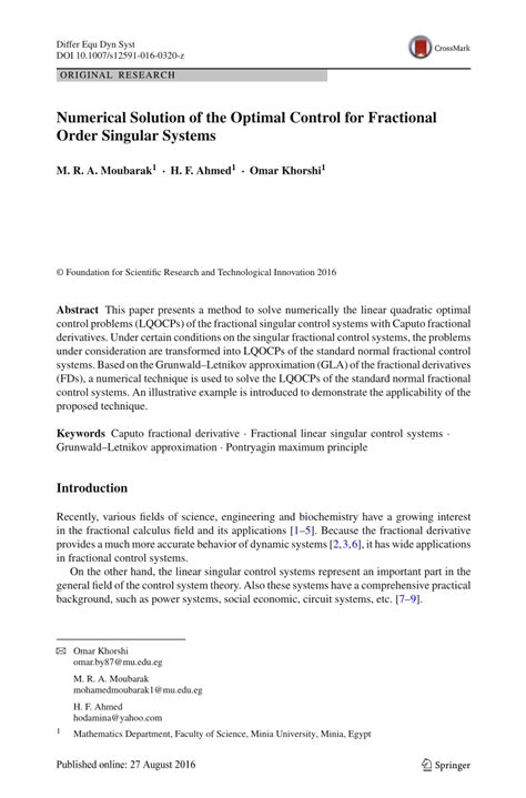 Pdf Numerical Solution Of The Optimal Control For Fractional Order Singular Systems