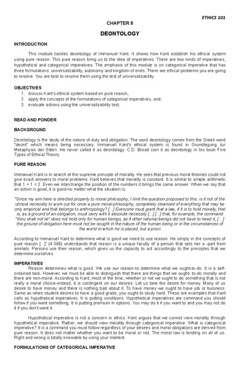 Chapter 6 Deontology Ethics 101 Chapter 6 Deontology Introduction