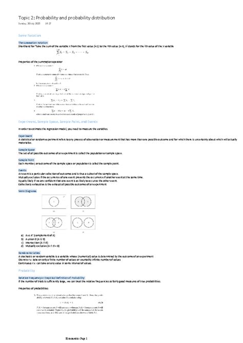 Topic 2 Probability And Distributions In Econometrics Studocu