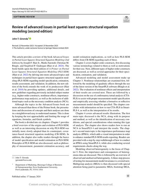 Review Of Advanced Issues In Partial Least Squares Structural Equation Modeling Second Edition
