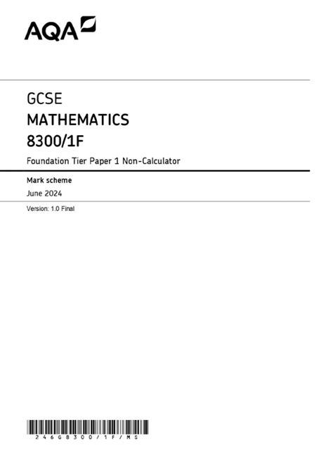 2024 Aqa Gcse Mathematics Foundation Paper 1 Non Calculator Mark Scheme Maths Stuvia Uk