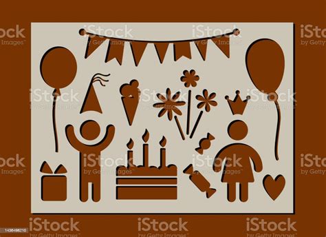 아이들의 창의력을위한 스텐실 생일 아이템의 실루엣 레이저 절단 나무 조각 종이 절단 및 인쇄를위한 템플릿 벡터 일러스트레이션 레이저에 대한 스톡 벡터 아트 및 기타 이미지