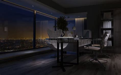 Empty Dimly Lit Interior Of A Home Office Stock Illustration