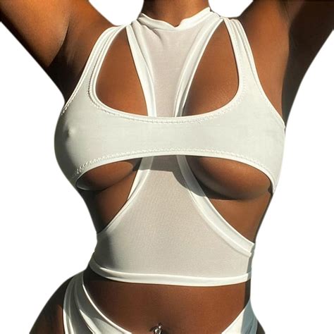 Zgmyc Women Sexy Cut Out Underboob Crop Top 2 Piece Racerback Athletic