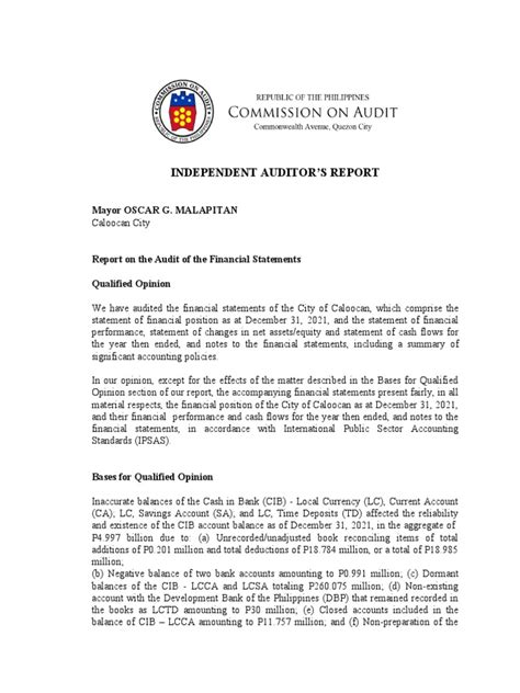 05 Caloocancity2021 Part1 Auditors Report Pdf Going Concern Financial Audit