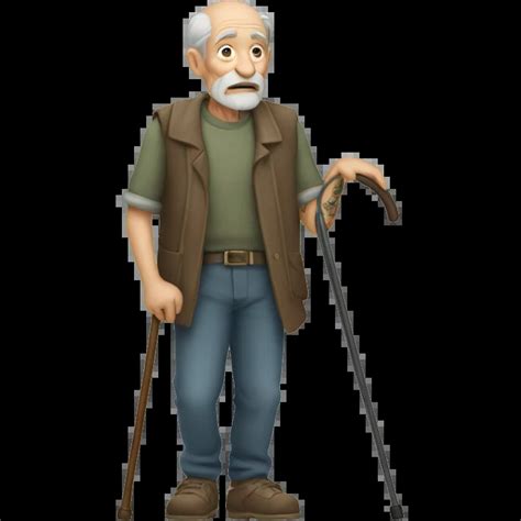 Old Man With Tattoos Leaning On A Walking Cane Holding His Back With