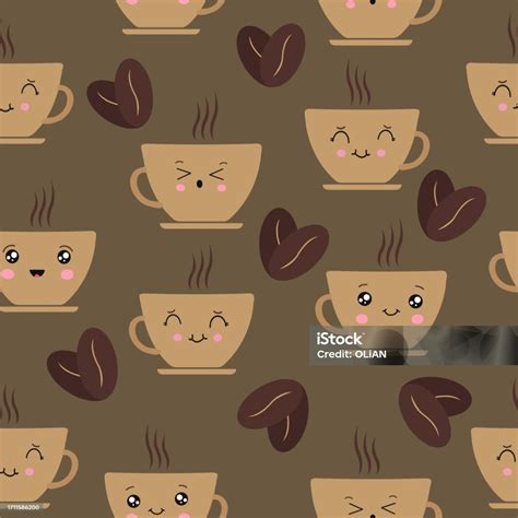 에스프레소 컵과 커피 원두가 있는 카와이 스타일의 귀여운 이음매 없는 벡터 패턴 사랑스러운 반복 가능한 미소 짓는 커피 컵 인쇄 포장지 직물 직물에 적합합니다 벡터 0명에