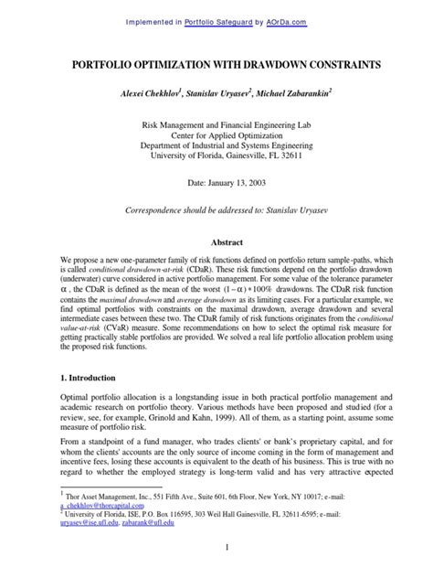 Portfolio Optimization With Drawdown Constraints Alexei Chekhlov Stanislav Uryasev Michael