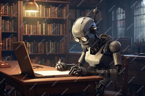 Premium Ai Image Robot Working In A Library 3d Rendering Robot Author Writing On A Notepad In