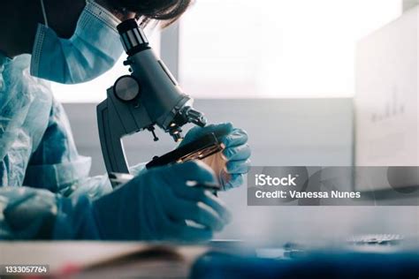 현미경으로 현대 실험실 내부에서 일하는 여성 과학자 좌측 여자 손 집중 노트북에 대한 스톡 사진 및 기타 이미지 노트북 실험실 여자만 Istock