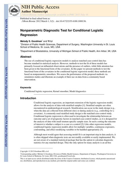 PDF Nonparametric Diagnostic Test For Conditional Logistic Regression