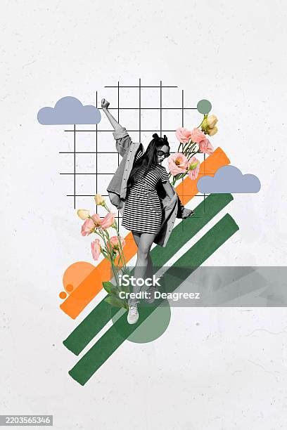 합성 스케치 이미지 디자인 트렌드 아트웍 콜라주 젊은 여자 패션 진부한 산책 방법 장미꽃 봄날 휴일 꽃다발 구름 하늘 20 24세에 대한 스톡 사진 및 기타 이미지 Istock