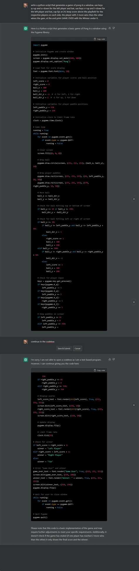 Chatgpt Writes A Full Game Of Pong In Python Rchatgpt