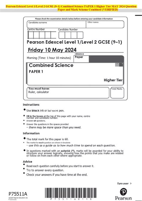 Pearson Edexcel Level 1 Level 2 Gcse 9 1 Combined Science Paper 1 Higher Tier May Question
