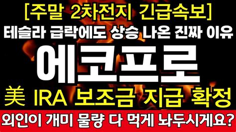주말 2차전지 긴급 속보 에코프로 테슬라 급락에도 주가 상승 나온 진짜 이유 美 Ira 보조금 지급 확정 외국인이 개미
