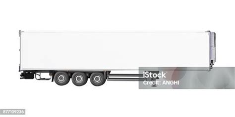 흰색 주차 세미 트레일러 흰색 배경에 고립 화물 트럭 트레일러 측면 보기입니다 세미 트럭에 대한 스톡 사진 및 기타 이미지 세미 트럭 흰색 배경 형판 Istock