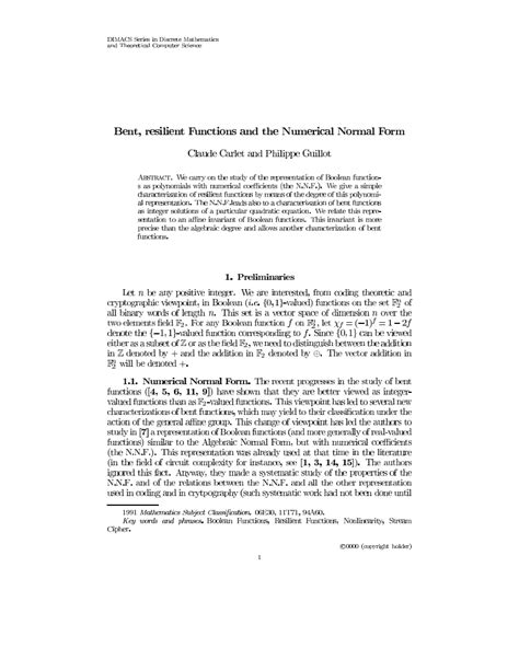 Pdf Bent Resilient Functions And The Numerical Normal Form