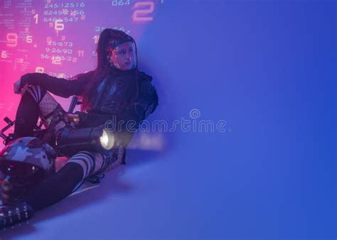Futuristic Woman With Projector And Helmet In Digital Symbol Environment Stock Image Image Of