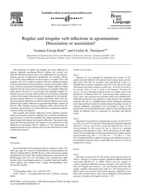 Pdf Regular And Irregular Verb Inflections In Agrammatism