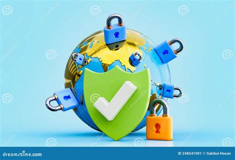 Security Shield Check Mark With World Lock Sign 3d Illustration Global Country Stock