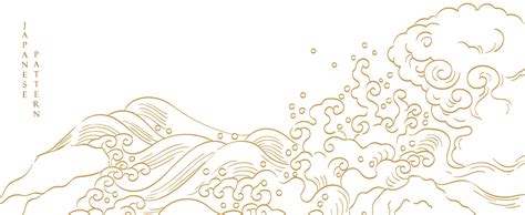 Japanese Background With Hand Drawn Wave Elements Vector Gold Line Pattern With Ocean Sea