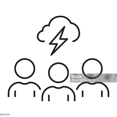 팀 브레인스토밍 라인 아이콘입니다 구름과 번개가 있는 천둥 폭풍 사람들 그룹 선형 픽토그램 위에 창의성 작업 개요 기호입니다 편집 가능한 획 격리된 벡터 그림 감정에 대한