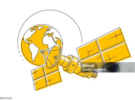 위성 비행 궤도 비행 지구 태양 전지 패널및 위성 안테나 플레이트통신 기술 우주선 우주 정거장 얇은 선 3d 벡터 그림 0명에 대한 스톡 벡터 아트 및 기타 이미지 Istock
