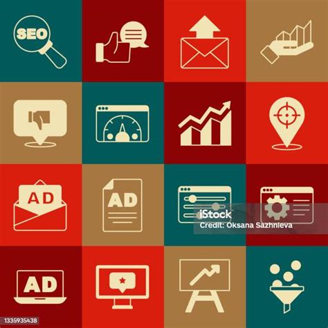 잠재 고객 관리 브라우저 설정 대상 메일 및 전자 메일 웹 사이트 통계 싫어하는 음성 거품 Seo 최적화 및 재무 성장 증가 아이콘을 설정합니다 벡터 1위에 대한 스톡 벡터